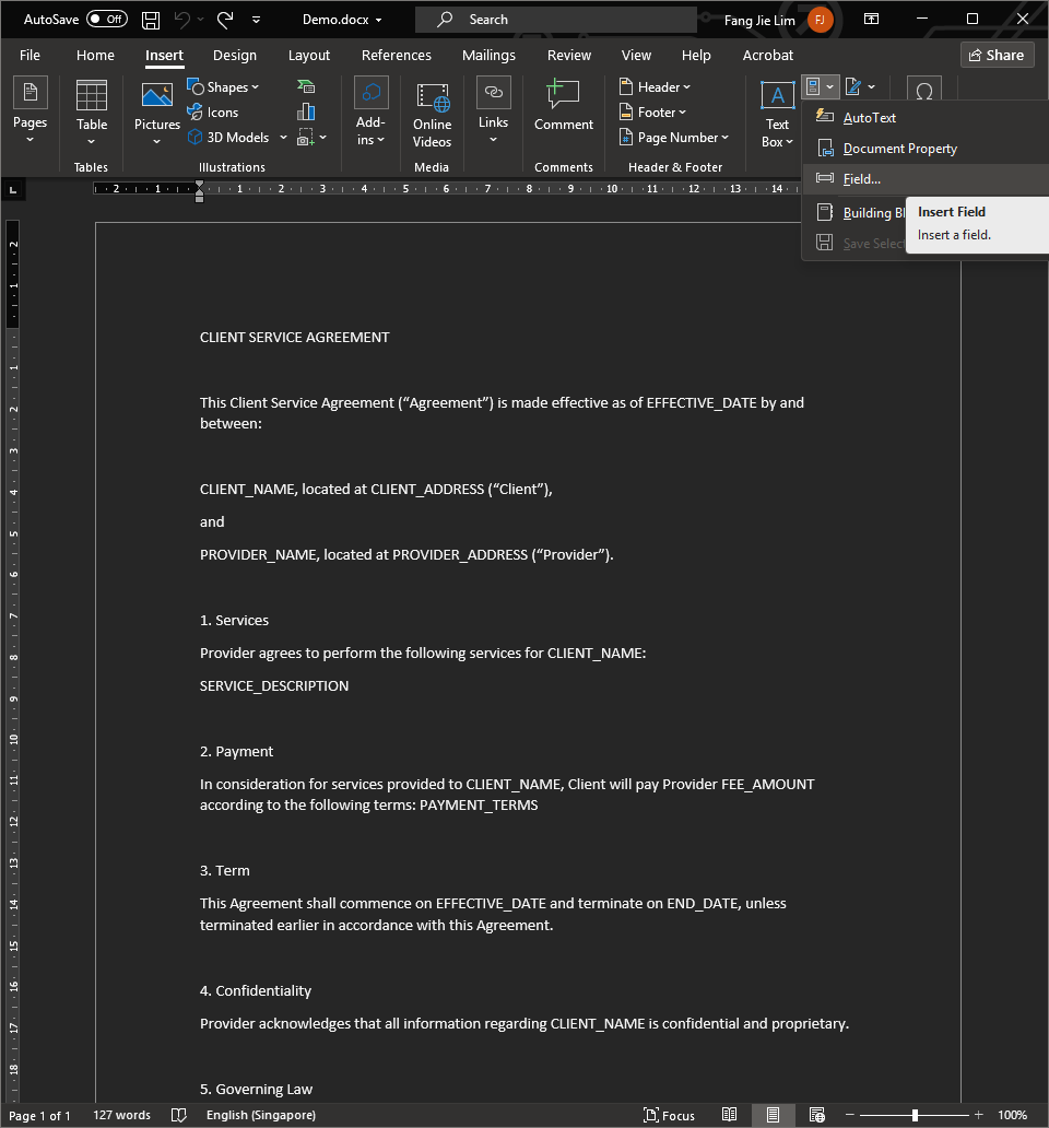Microsoft Word: Using Document Properties as Variables